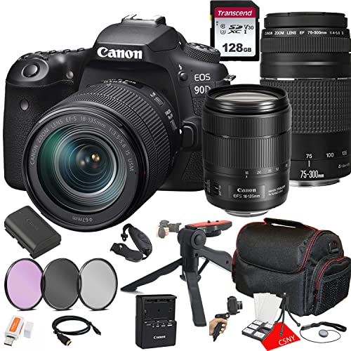 Canon EOS 90D DSLR Camera w/EF-S 18-135mm F/3.5-5.6 is USM Lens + 75-300mm F/4-5.6 III Lens + 128GB Memory + Case + Filters + Tripod + 3 Piece Filter Kit + More (26pc Bundle)