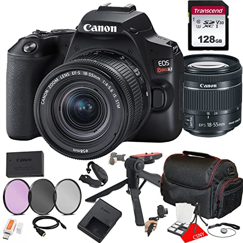 Canon EOS Rebel SL3 DSLR Camera w/EF-S 18-55mm F/4-5.6 Zoom is STM Lens + 128GB Memory + Case + Filters + Tripod + 3 Piece Filter Kit + More (24pc Bundle)