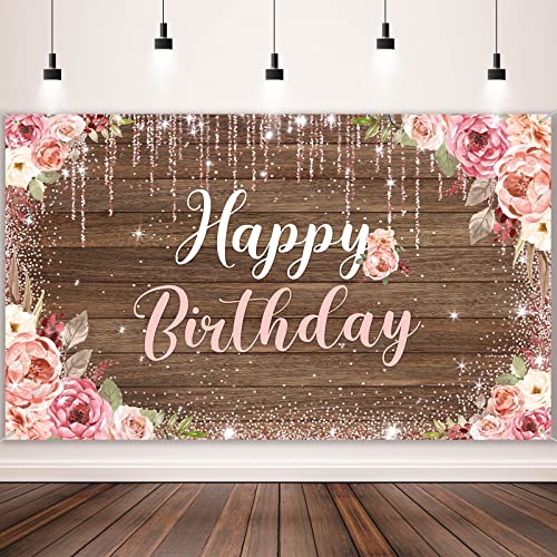 Happy Birthday Backdrop Decorations for Women Background Party Supplies Rose Backdrop Photography for Girls Boys Floral Glitters Banner Wedding Baby Shower Decor (Woodgrain)