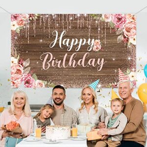 Happy Birthday Backdrop Decorations for Women Background Party Supplies Rose Backdrop Photography for Girls Boys Floral Glitters Banner Wedding Baby Shower Decor (Woodgrain)