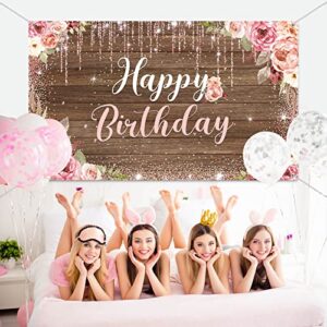 Happy Birthday Backdrop Decorations for Women Background Party Supplies Rose Backdrop Photography for Girls Boys Floral Glitters Banner Wedding Baby Shower Decor (Woodgrain)