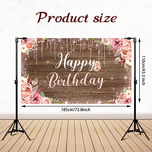 Happy Birthday Backdrop Decorations for Women Background Party Supplies Rose Backdrop Photography for Girls Boys Floral Glitters Banner Wedding Baby Shower Decor (Woodgrain)