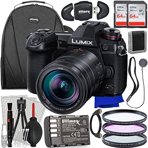 Ultimaxx Essential Panasonic Lumix G9 with 12-60mm f/2.8-4 Lens Bundle - Includes: 2X 64GB Ultra Memory Cards, 1x Replacement Battery, 3PC Protective Filter Kit, Camera Backpack & More (27pc Bundle)