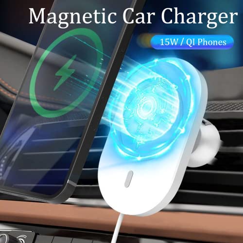 Wireless Car Charger, 15W Qi Fast Charging Auto Clamping Car Mount Magnetic 360 Degrees Rotation Dashboard Windshield Phone Holder (White)