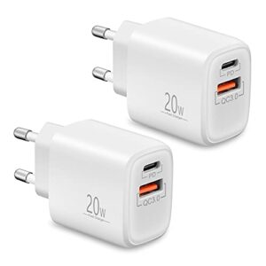 european travel plug adapter, luosike 2-pack 20w dual port fast usb c wall charger block international us to europe eu type c power adapter for iphone 13 12 11 pro max xr xs x 8, pad, samsung, android