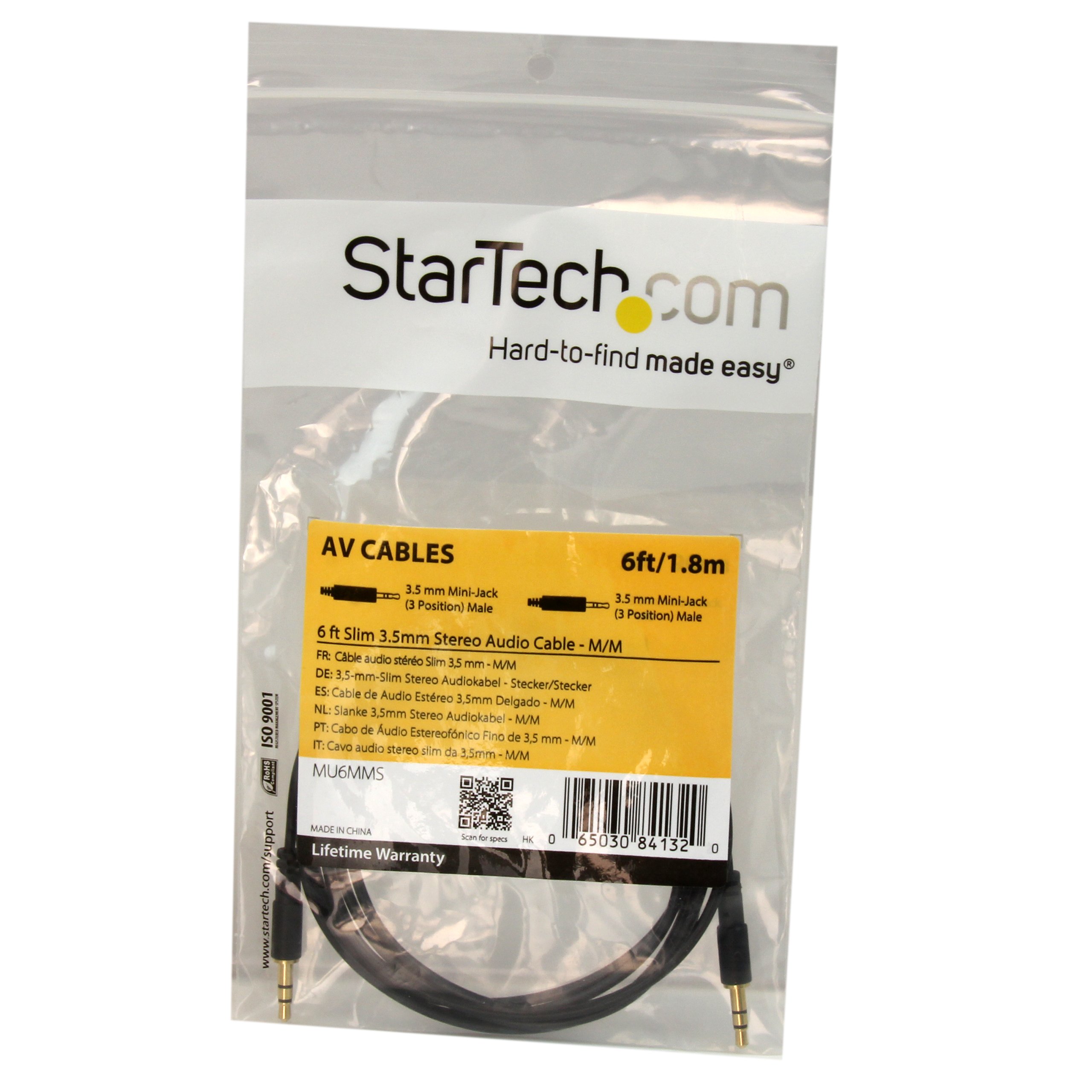 StarTech.com 6 ft Slim 3.5mm Stereo Audio Cable - M/M - 3.5mm Male to Male Audio Cable for Your Smartphone, Tablet or MP3 Player (MU6MMS) Black