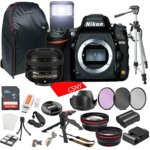 Nikon D750 DSLR Camera with 50mm F/1.8G Prime Lens + 64GB Memory + Back Pack Case + Tripod, Lenses, Filters, & More (28pc Bundle)