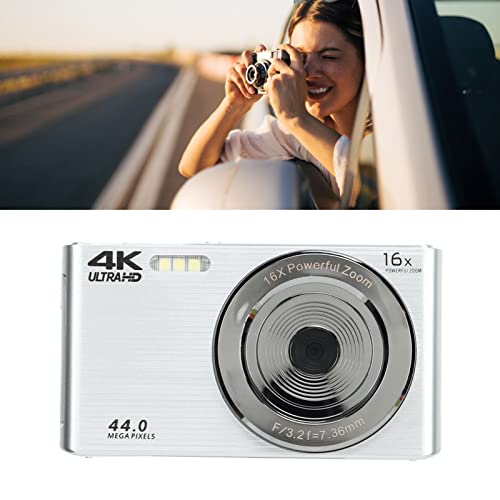 4K 44MP Digital Camera, HD Vlogging Camera with 16X Digital Zoom and 2.8in LCD Screen, Anti Shake Rechargeable Mini Compact Camera for Kids Teens Adult Beginner (Silver Color)