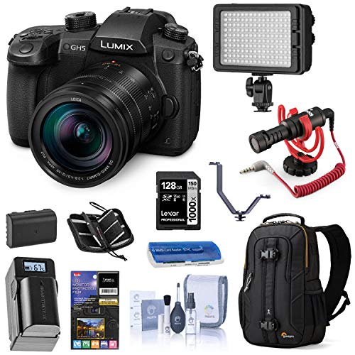 Panasonic LUMIX GH5 4K Mirrorless Digital Camera with Leica 12-60mm Lens, (DC-GH5LK), Bundle with LED Light, RODE VideoMicro Mic, Backpack, Battery, Charger, 128GB SD Card + Accessories