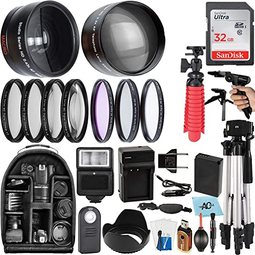 A-Cell 58mm Accessory Bundle for Canon EOS Rebel T7, T6, T5, T3, T100, 4000D, 2000D, 3000D and More with 32GB SanDisk Memory Card, Wide Angle Lens, Telephoto Lens, Tripod, Backpack