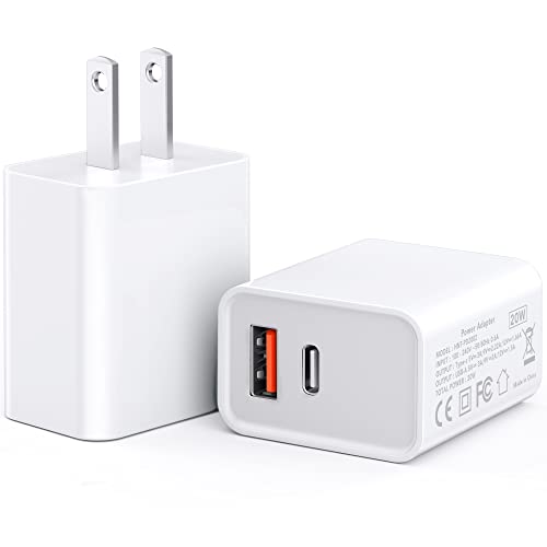 [2 Pack] USB-C Wall Charger, 20W Durable Dual Port QC+PD 3.0 Power Adapter, Double Fast Plug Charging Block for iPhone 14/14 Pro/14 Pro Max/14 Plus/13/12/11, XS/XR/X, Watch Series 8/7 Cube(White)