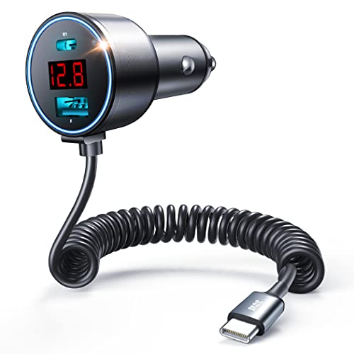 USB C Car Charger, 75W Metal 3-Port Super Fast Car Charger Adapter PD & QC3.0 Built-in 6ft Type C Coiled Cable for Samsung Galaxy S22/21 iPhone iPad Pro Pixel Android Phones