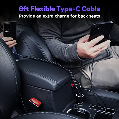 USB C Car Charger, 75W Metal 3-Port Super Fast Car Charger Adapter PD & QC3.0 Built-in 6ft Type C Coiled Cable for Samsung Galaxy S22/21 iPhone iPad Pro Pixel Android Phones