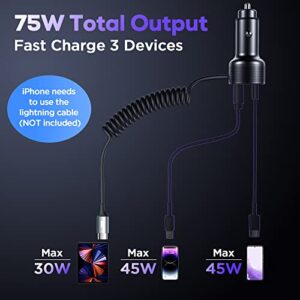 USB C Car Charger, 75W Metal 3-Port Super Fast Car Charger Adapter PD & QC3.0 Built-in 6ft Type C Coiled Cable for Samsung Galaxy S22/21 iPhone iPad Pro Pixel Android Phones