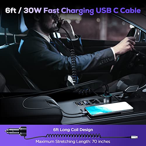 USB C Car Charger, 75W Metal 3-Port Super Fast Car Charger Adapter PD & QC3.0 Built-in 6ft Type C Coiled Cable for Samsung Galaxy S22/21 iPhone iPad Pro Pixel Android Phones