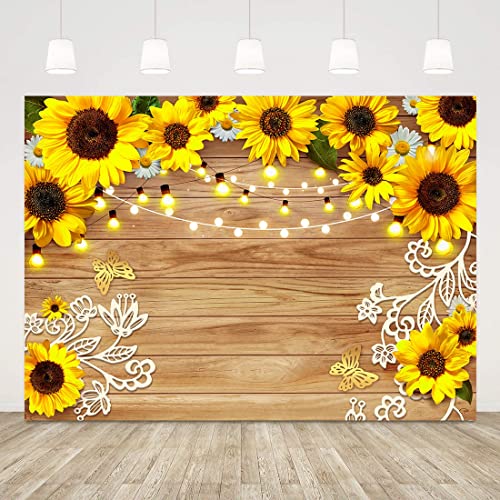 Sunflower Backdrop, Sunflower Birthday Party Decorations Photo Backdrops for Photography 7x5ft, Girls Baby Shower Butterfly Rustic Wood Back Drops Background for Photoshoot Banner Booth Props Picture