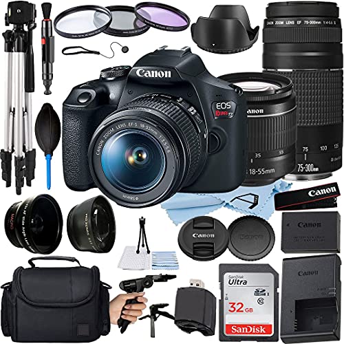 Canon EOS Rebel T7 DSLR Camera 24.1MP with EF-S 18-55mm + EF 75-300mm Lens + A-Cell Accessory Bundle Includes: Telephoto + Wide Angle Lenses + SanDisk 32GB Memory Card + Much More (Renewed)