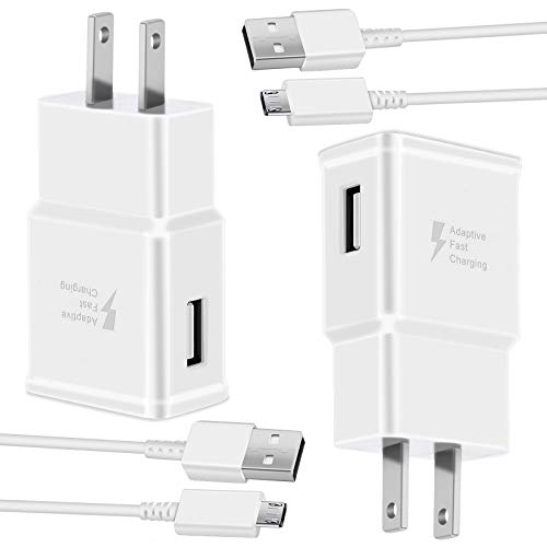 Adaptive Fast Android Charging Wall Charger with 5-Feet Micro USB Cable for Samsung Galaxy S7/S7 E/S6/S6 E/S5/Note5/4 /S4/S3/S2/J7 J7V J5 J3 J3V J2, LG G2 G3 K20, Moto E4 E5 E6, Tablet (2 Pack, White)