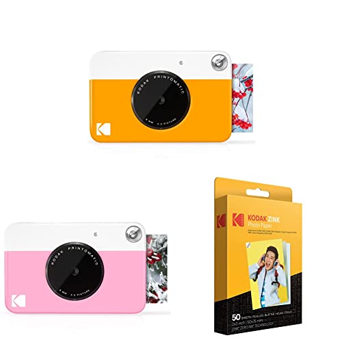 Kodak Printomatic Digital Instant Print Camera (Yellow) Print Memories Instantly & Printomatic Digital Instant Print Camera (Pink) & 2"x3" Premium Zink Photo Paper (50 Sheets) (Pack of 1)