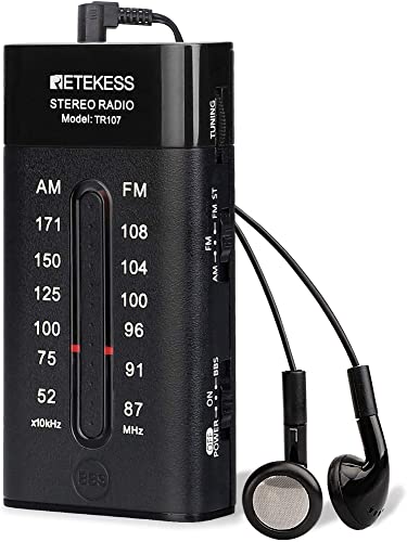 Retekess TR107 Pocket Radio AM FM, Portable Radio with Headphones, AAA Battery Operated, FM Stereo and Bass Boost, Ideal for Walking, Jogging(Black)