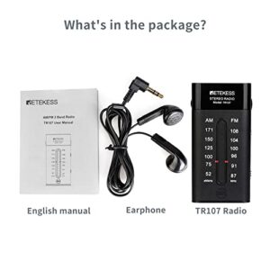 Retekess TR107 Pocket Radio AM FM, Portable Radio with Headphones, AAA Battery Operated, FM Stereo and Bass Boost, Ideal for Walking, Jogging(Black)