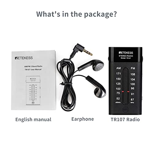 Retekess TR107 Pocket Radio AM FM, Portable Radio with Headphones, AAA Battery Operated, FM Stereo and Bass Boost, Ideal for Walking, Jogging(Black)