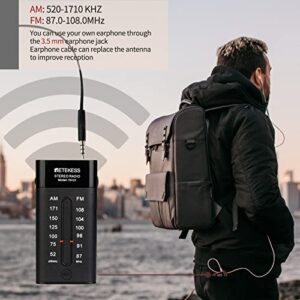 Retekess TR107 Pocket Radio AM FM, Portable Radio with Headphones, AAA Battery Operated, FM Stereo and Bass Boost, Ideal for Walking, Jogging(Black)