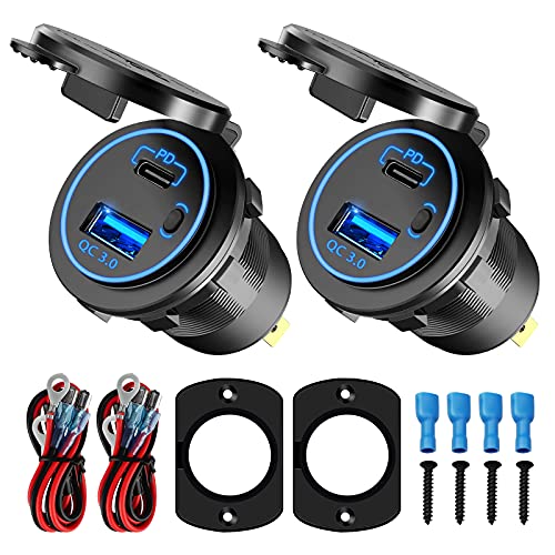 2 Pack 12v USB Outlet, U48W USB C Car Charger Socket Dual USB Outlet PD & QC 3.0 Car Socket with ON Off Switch Fast Car Charger for Car, Boat, Marine, Bus, Truck, Golf Cart, RV, Motorcycle