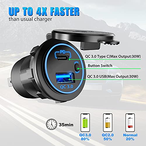 2 Pack 12v USB Outlet, U48W USB C Car Charger Socket Dual USB Outlet PD & QC 3.0 Car Socket with ON Off Switch Fast Car Charger for Car, Boat, Marine, Bus, Truck, Golf Cart, RV, Motorcycle