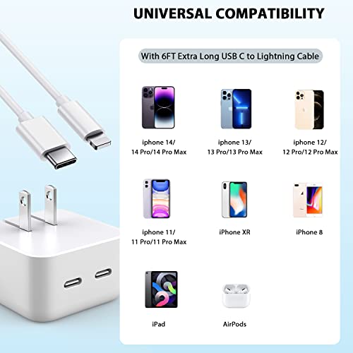 iPhone 14 13 Fast Charger, 40W Dual USB-C Quick Wall Charger[MFi Certified] 2pack 6FT Long Lightning Cable+Double Port Foldable USBC Apple Charger Fast Charging for iPhone 14/13/12/11/XR/XS/SE/iPad