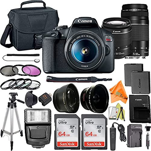 ZeeTech Canon EOS Rebel T7 DSLR Camera Bundle with f4 5.6 III Lens + 2 Pack SanDisk 64GB Memory Card + Filter Kit + Flash + Tripod, 75 300mm Lens + 18 55mm Lens with Dual Lenses (Renewed)