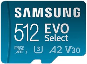 samsung evo select micro sd-memory-card + adapter, 512gb microsdxc 130mb/s full hd & 4k uhd, uhs-i, u3, a2, v30, expanded storage for android smartphones, tablets, nintendo-switch (mb-me512ka/am)