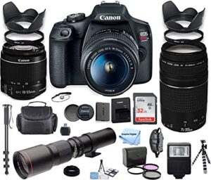 eos rebel 2000d dslr camera with 18-55mm is ii lens bundle + ef 75-300mm f/4-5.6 iii lens and 500mm preset lens + 32gb memory + filters + monopod + professional bundle + inspire digi cloth (renewed)