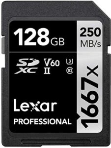 lexar professional 1667x 128gb sdxc uhs-ii card, up to 250mb/s read, for professional photographer, videographer, enthusiast (lsd128cbna1667)