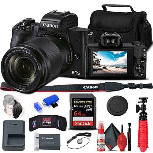 Canon EOS M50 Mark II Mirrorless Camera with EF-M 18-150mm is STM Lens (4728C001) + 64GB Card + Card Reader + Case + Flex Tripod + Hand Strap + Cap Keeper + Memory Wallet + Cleaning Kit (Renewed)