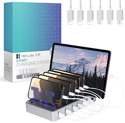 Hercules Tuff Charging Station for Multiple Devices - 6 Ports, iOS & Micro USB Compatible w/Cell Phones, Smart Phones, Tablets, & Other Electronics - White Elephant Gifts, Stocking Stuffers - Silver