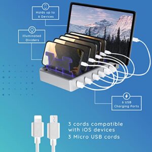 Hercules Tuff Charging Station for Multiple Devices - 6 Ports, iOS & Micro USB Compatible w/Cell Phones, Smart Phones, Tablets, & Other Electronics - White Elephant Gifts, Stocking Stuffers - Silver