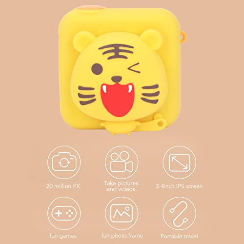 Mothinessto Childrens Camera, Yellow Tiger Cute Cartoon Kids Digital Camera Multi Function 720P Video Resolution for Girls for Outdoor for Home for Birthday Gift