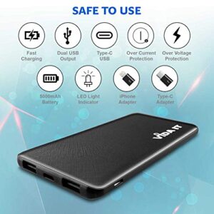 Vida IT Slim 5V 2A Power Bank for Heated Vest Rechargeable Heated Jacket Battery Pack Pocket Size Thin 5000mAh Portable USB Charger for Heated Clothing, Scarf, Coat, Pants, Cell Phone USB-C Power Pack