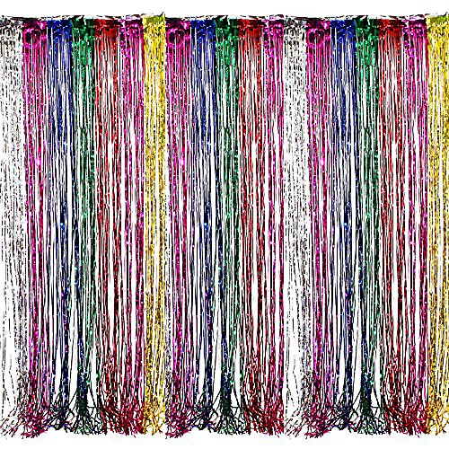 Adorox (2 pc Metallic Rainbow) Metallic Silver Gold Rainbow Photo Backdrop Foil Fringe Curtains Party Wedding Event Decoration