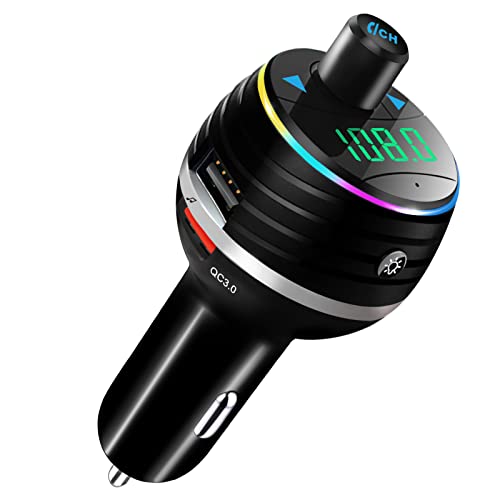 Car Bluetooth FM Transmitter , 2022 Upgraded Bluetooth Car Adapter, Wireless Radio Adapter Car Kit with QC3.0 & 5V/2.4A USB Fast Charger, Colorful Backlit, Car Music Player Support TF Card/USB Disk