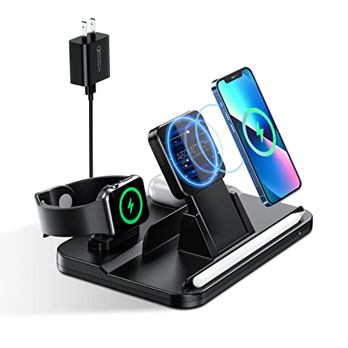 Magnetic Wireless Charger, 4 in 1 Wireless Charging Station for iPhone 14/13/12 Pro/Pro Max/Mini，Detachable Wireless Charging Stand for iWatch SE/6/5/4/3/2,Airpods 3/2/Pro,Pencil 2（With QC3.0 Adapter）