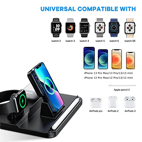 Magnetic Wireless Charger, 4 in 1 Wireless Charging Station for iPhone 14/13/12 Pro/Pro Max/Mini，Detachable Wireless Charging Stand for iWatch SE/6/5/4/3/2,Airpods 3/2/Pro,Pencil 2（With QC3.0 Adapter）