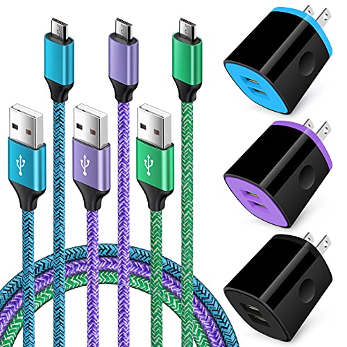 Android Phone Wall Charger Cube Block with Micro USB Cable Compatible for Moto E, G, G5 Plus/E5 Play E6 E4, Samsung Galaxy Note 5/4 S7 S6 J8 J7 J7V J3V, Tablet, USB A Nylon Bradied Cord 6FT 3 Pack