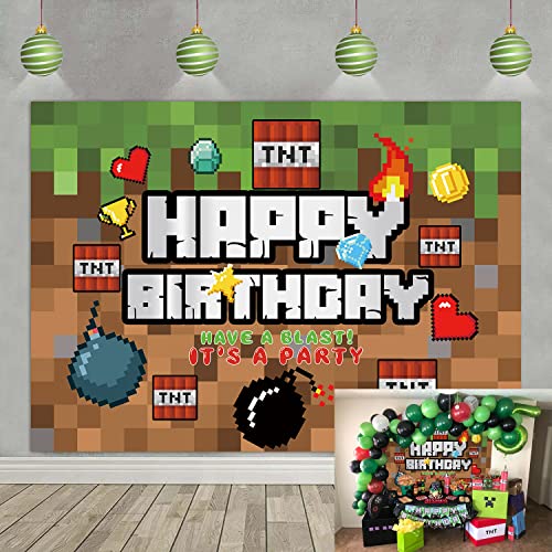 Pixel Backdrop for Birthday Party Game Theme Photography Background for Kids Boy Happy Birthday Video Gaming Battle Gamer Party Supplies Cake Table Decor Banner (7X5FT)