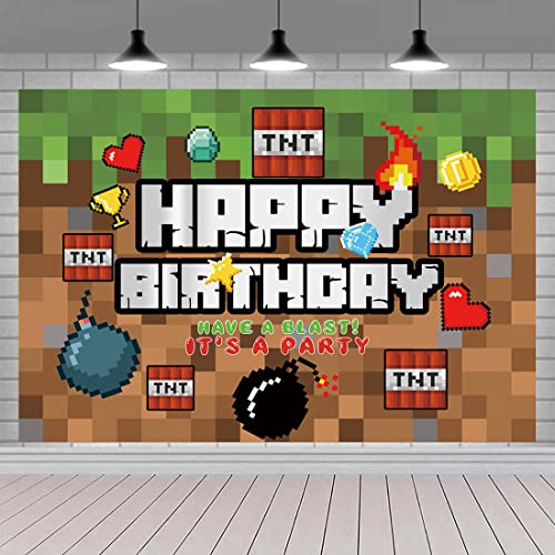 Pixel Backdrop for Birthday Party Game Theme Photography Background for Kids Boy Happy Birthday Video Gaming Battle Gamer Party Supplies Cake Table Decor Banner (7X5FT)