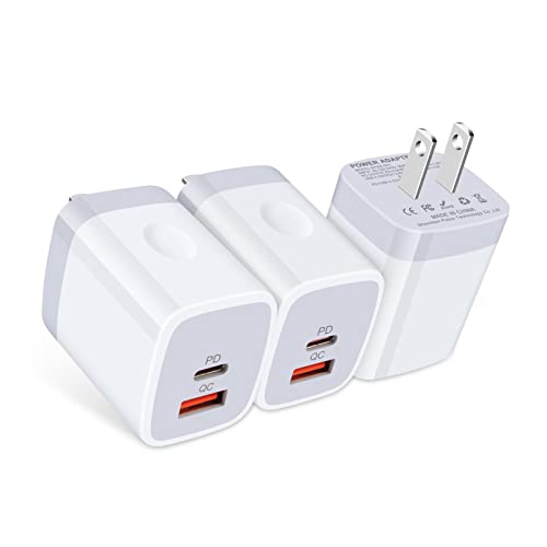 USB C Wall Charger, PD Charger Adapter, 3Pack 20W Power Delivery +Quick Charge 3.0 Dual Port Fast Charger Block Wall Plug for iPhone 14 13 12 11 Pro Max Mini 10 SE XR XS X,Samsung S23 S22 S21 S20 A13