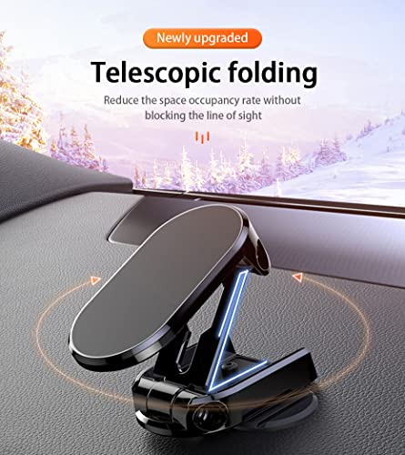 2023 New Alloy Folding Magnetic Car Phone Holder, Metal Folding Phone Holder Stand Dashboard Folding Bracket Universal, 360° Rotation Magnetic Car Phone Holder with Stable, no Shaking (Black)