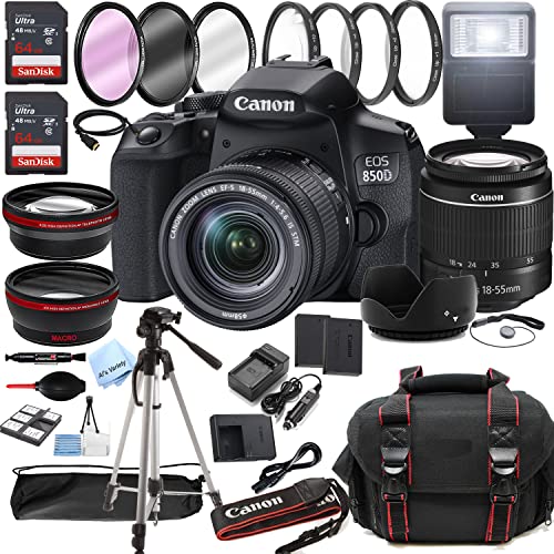 Canon EOS 850D (Rebel T8i) DSLR Camera w/EF-S 18-55mm F/4-5.6 is STM Zoom Lens + 128GB Memory + Case + Tripod + Filters (36pc Bundle) (Renewed)