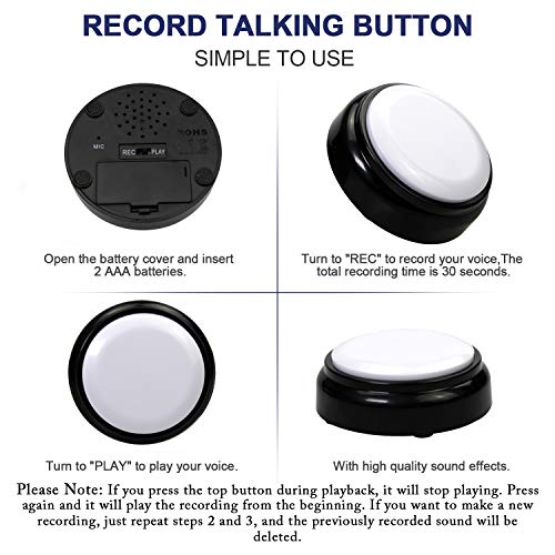 Cover Talking Button Record & Playback Your Own Message 30 Second Custom Recordable, Easy Sound Recorder Set of 2 (2pcs/White+Black)